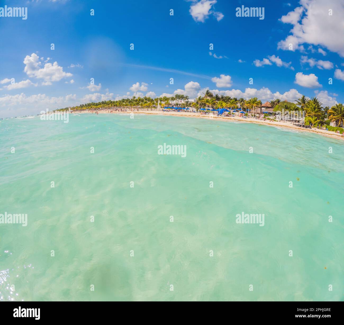 Relaxing view from inside water on coast shore beach with turquoise ...