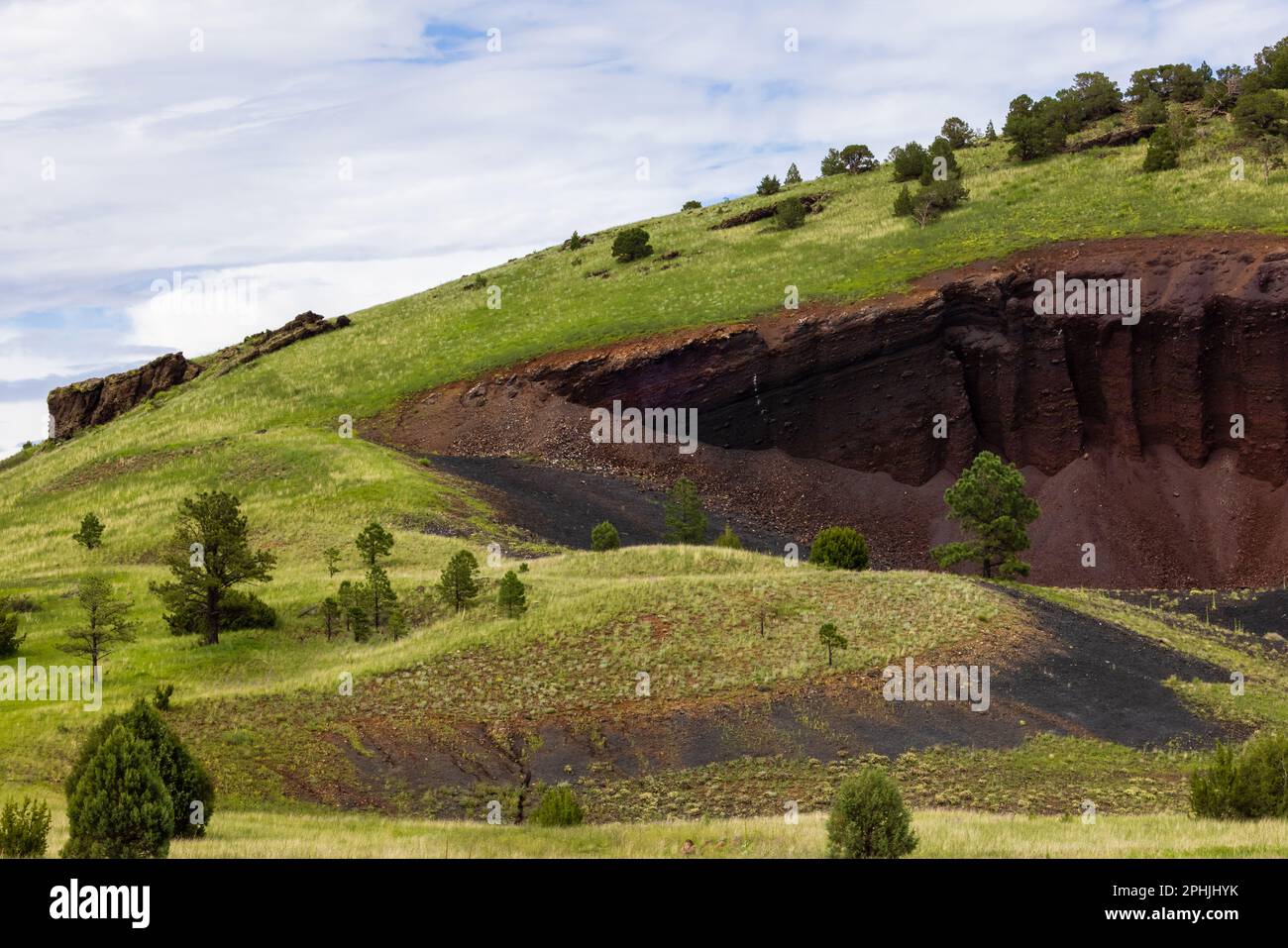 Lush green grass contrasts with the rich red and black of a volcanic ...