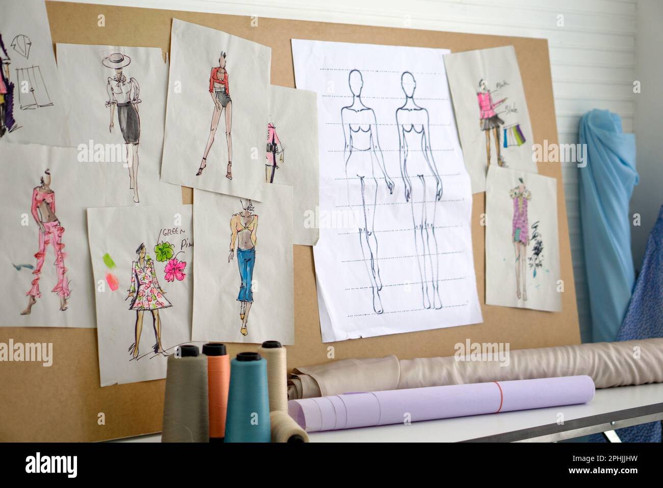 Pattern for cloth are pasted on the board in the sewing room. Rolls of ...