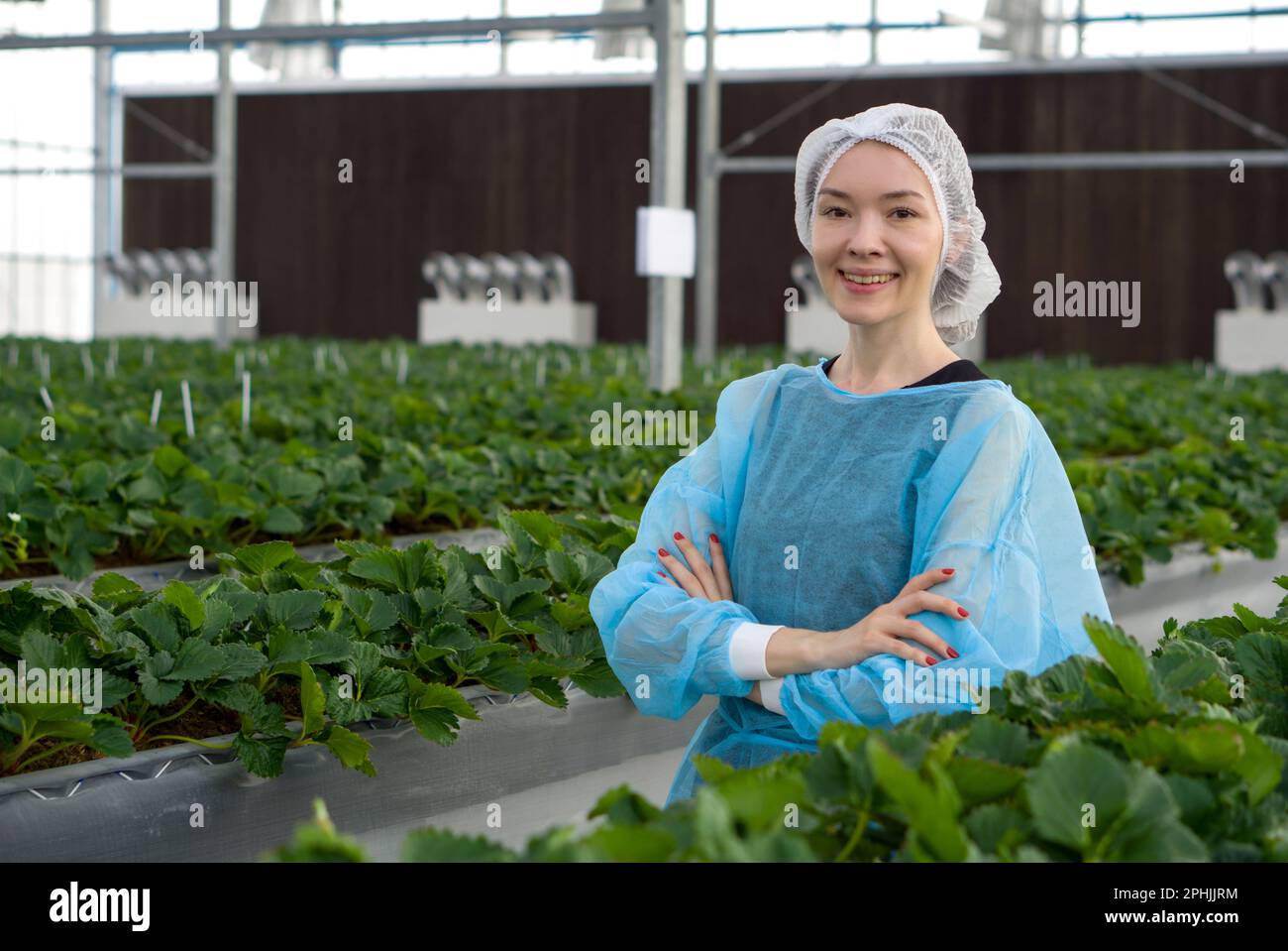 Caucasian female fruit researcher in isolation gown and disposable ...