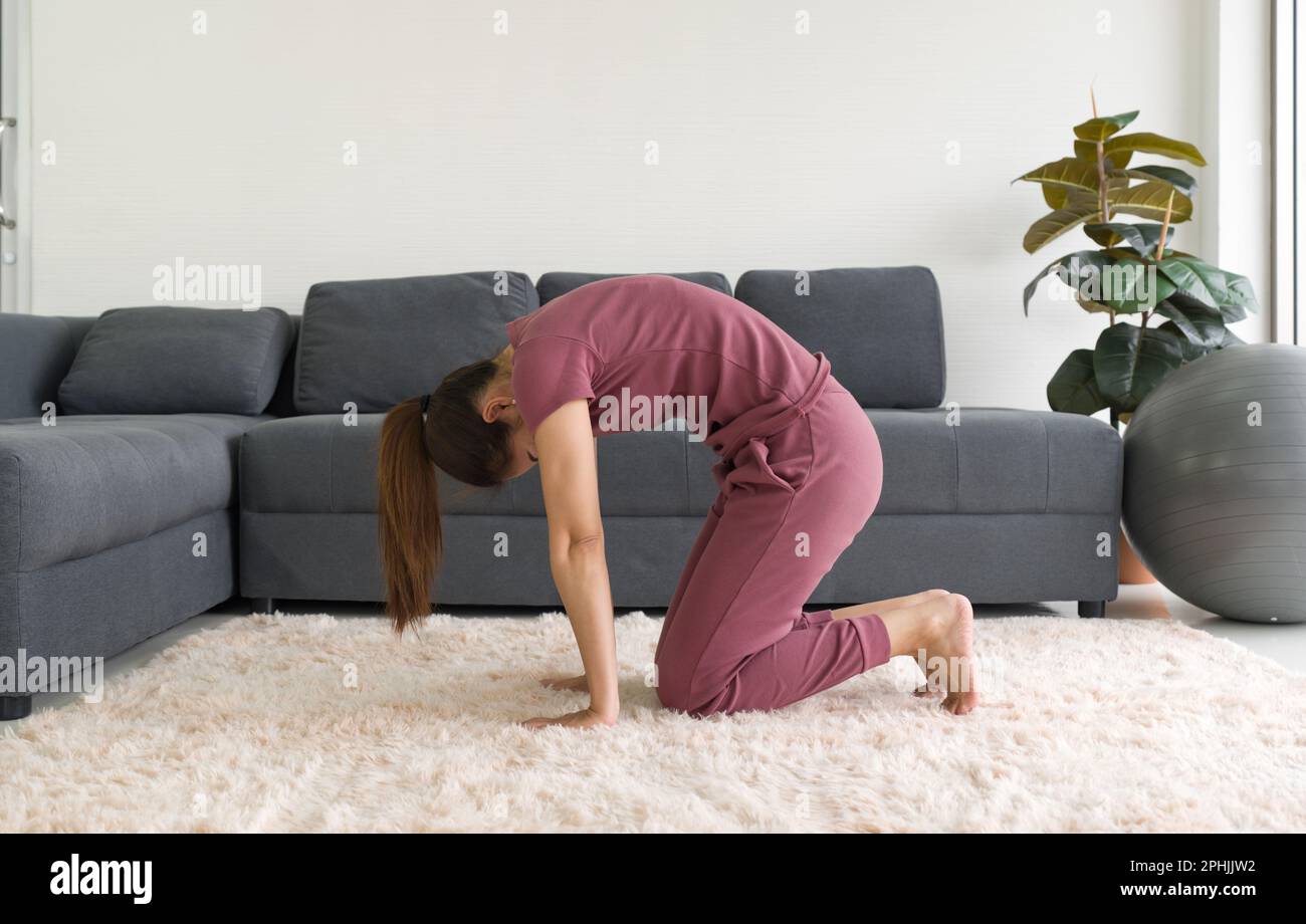 Asian Housewife Doing Cat Pose Exercise During Home Workout Female