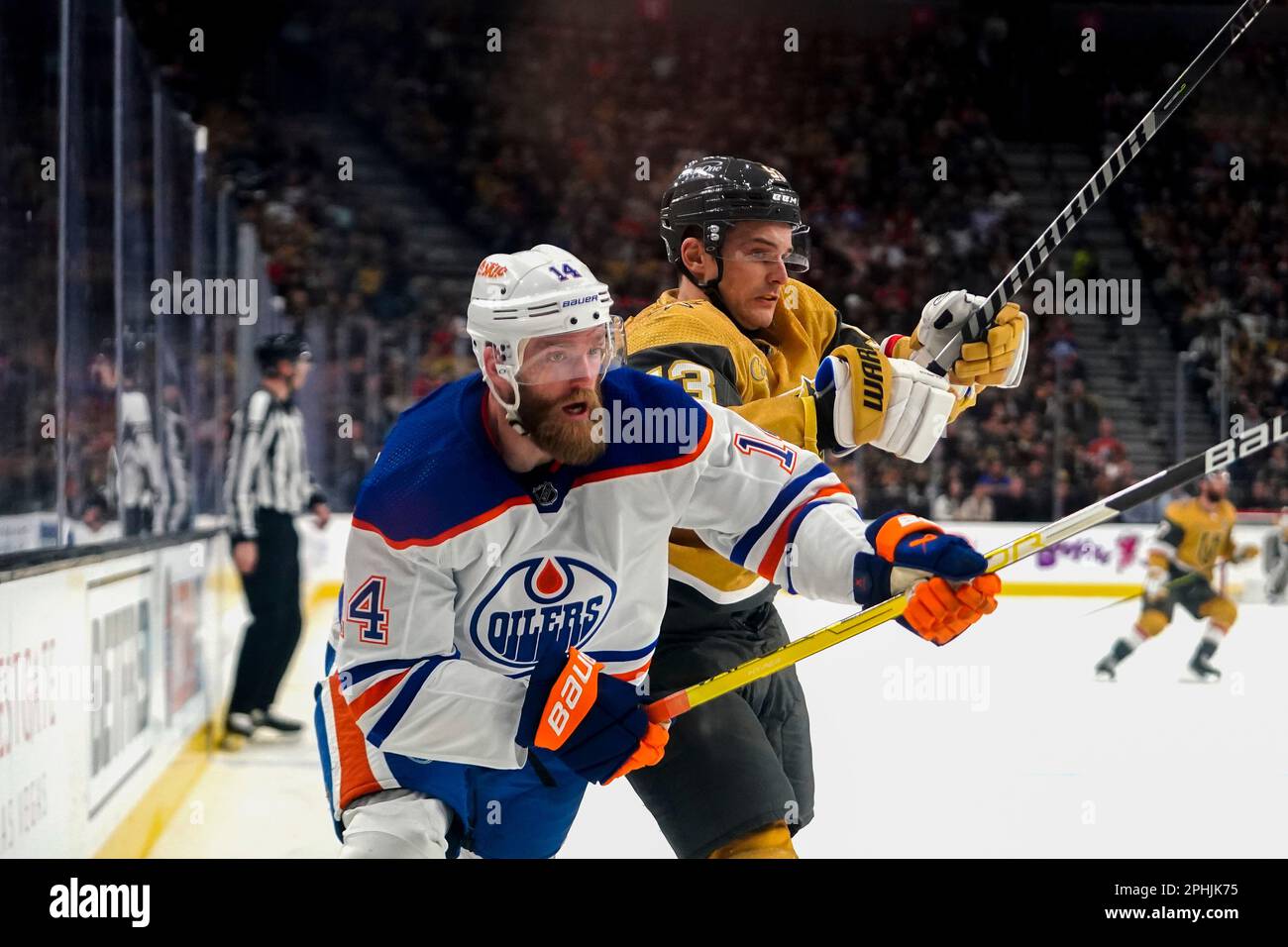 Edmonton Oilers defenseman Mattias Ekholm (14) works against Vegas ...
