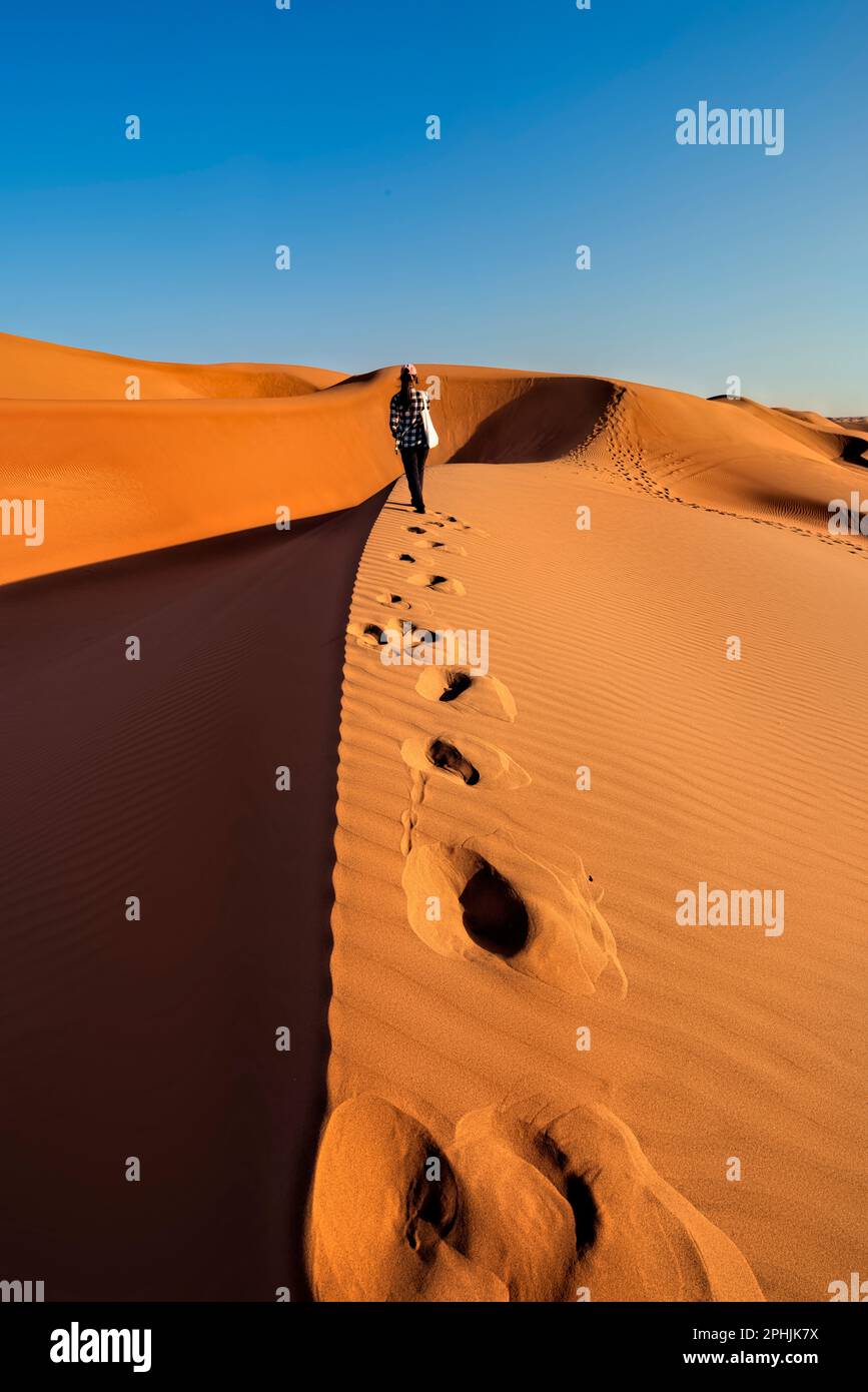 Walking in desert sand dunes, Wahiba Sands, Ash Sharqiyah, Oman Stock ...