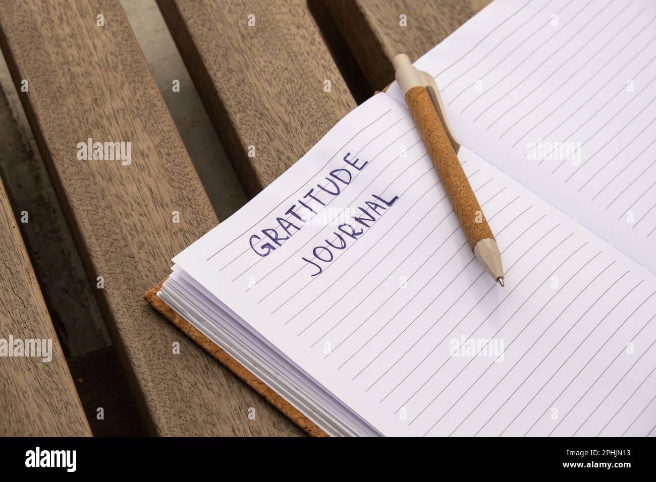 Writing Gratitude Journal on wooden bench. Today I am grateful for ...