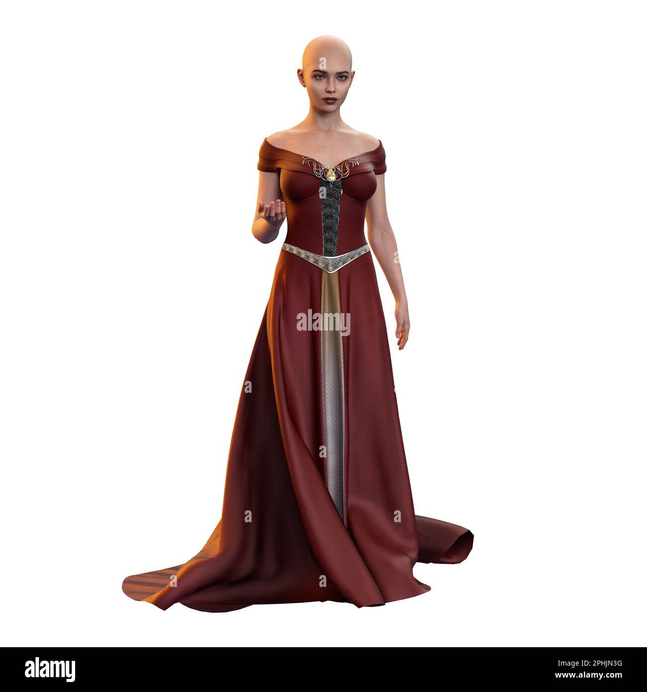 Bald Medieval Fantasy Woman in Long Dress on Isolated White Background ...