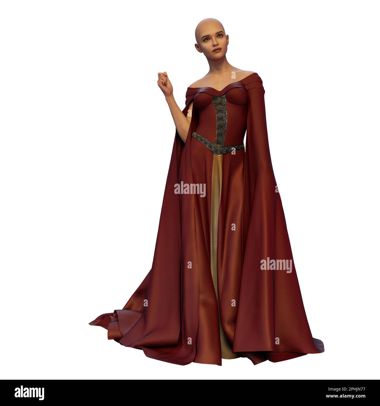 Bald Medieval Fantasy Woman in Long Dress on Isolated White Background ...
