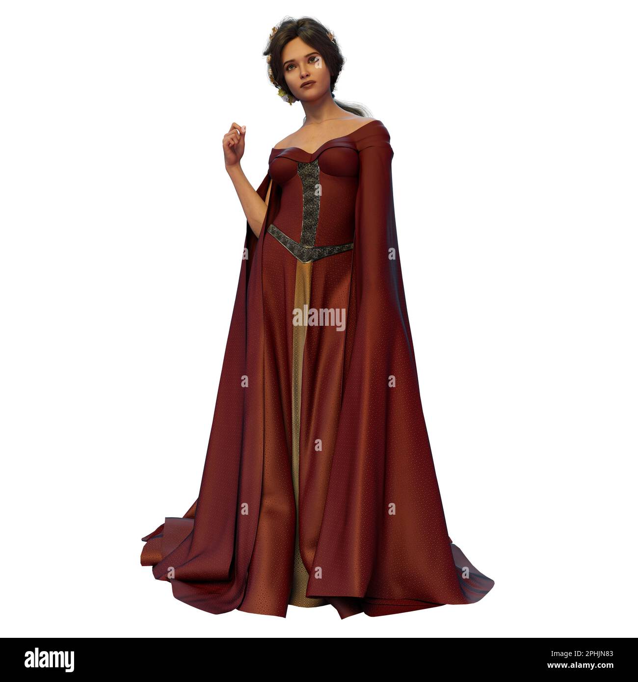 Brown Haired Medieval Fantasy Woman in Long Red Dress with Circlet and ...
