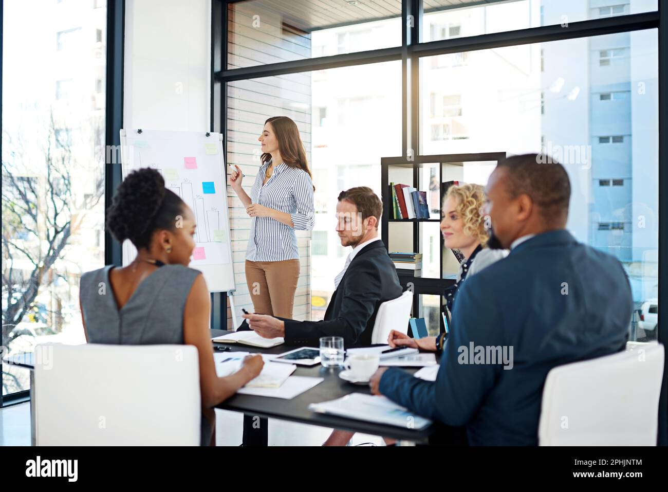 Taking a look back at the figures. a young businesswoman giving a ...