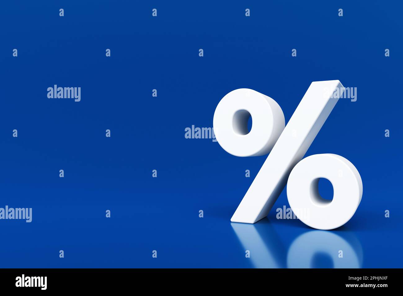 White percentage mark symbol on blue background with blurred reflection ...
