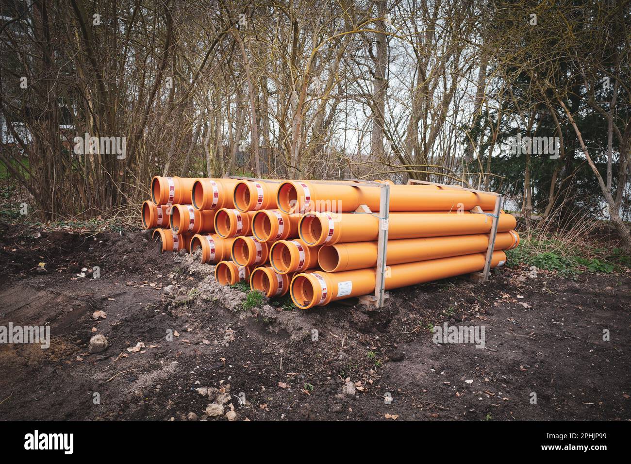 many big pipes lie on a construction site Stock Photo - Alamy