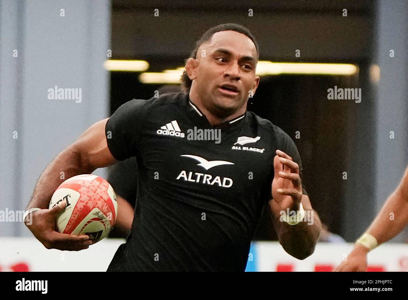 FILE - New Zealand's Sevu Reece runs in to score a try during the rugby ...
