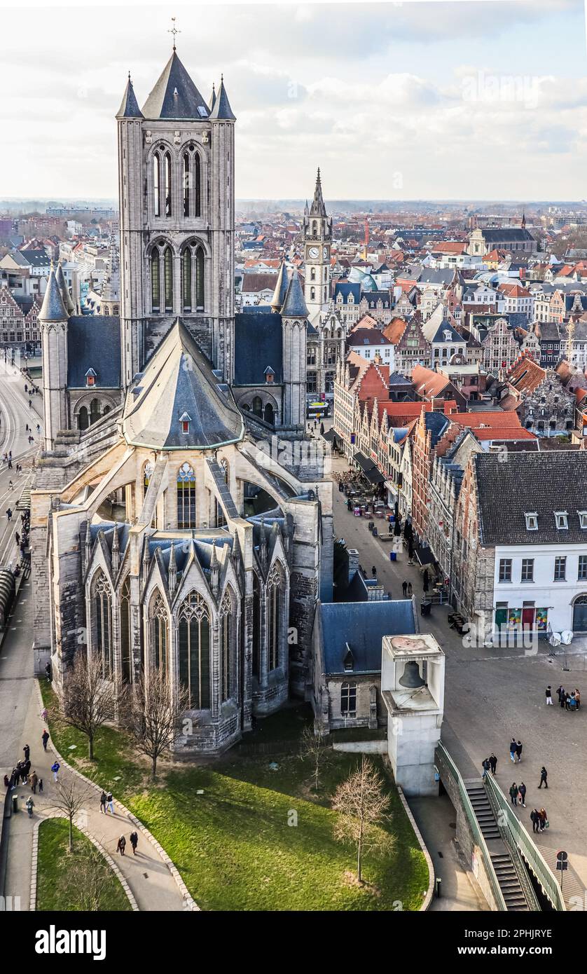 View from Belfort tower with St. Nicholas Church, Ghent, Belgium. March ...