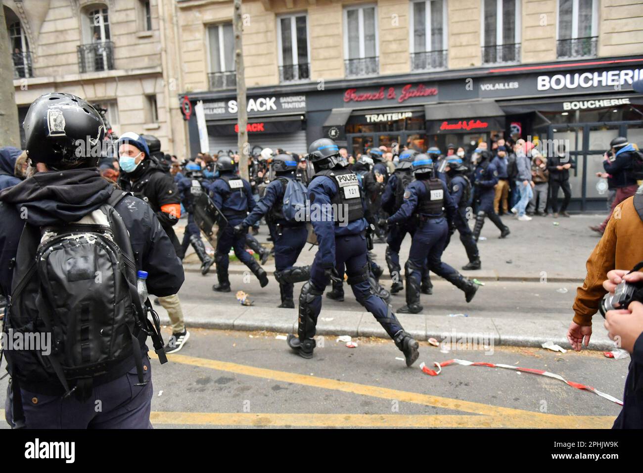 Paris, France, March 28, 2023. French riot police charge during a ...