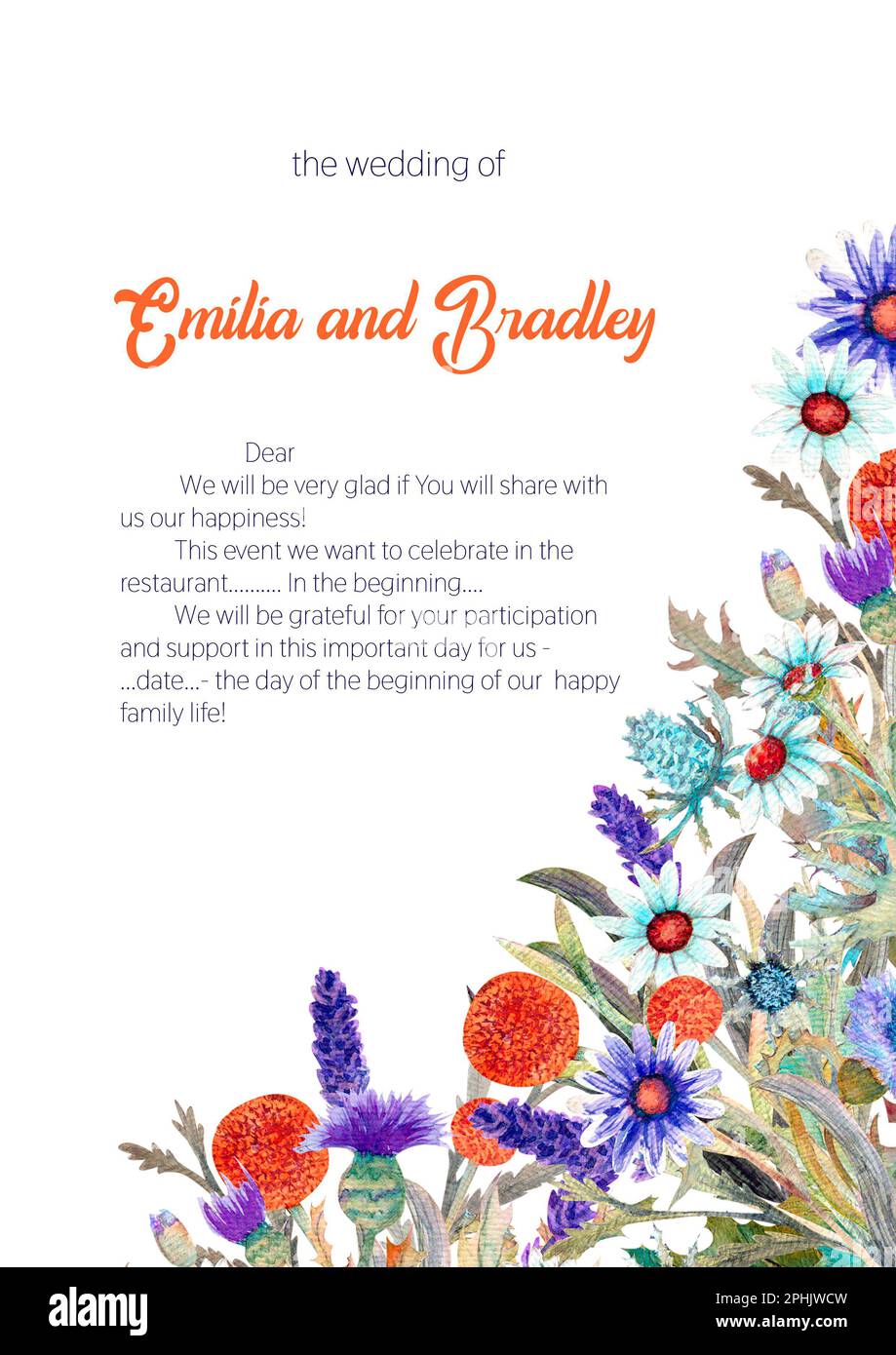 Wedding vertical frame of wild flowers. Watercolor. Flower arrangement ...