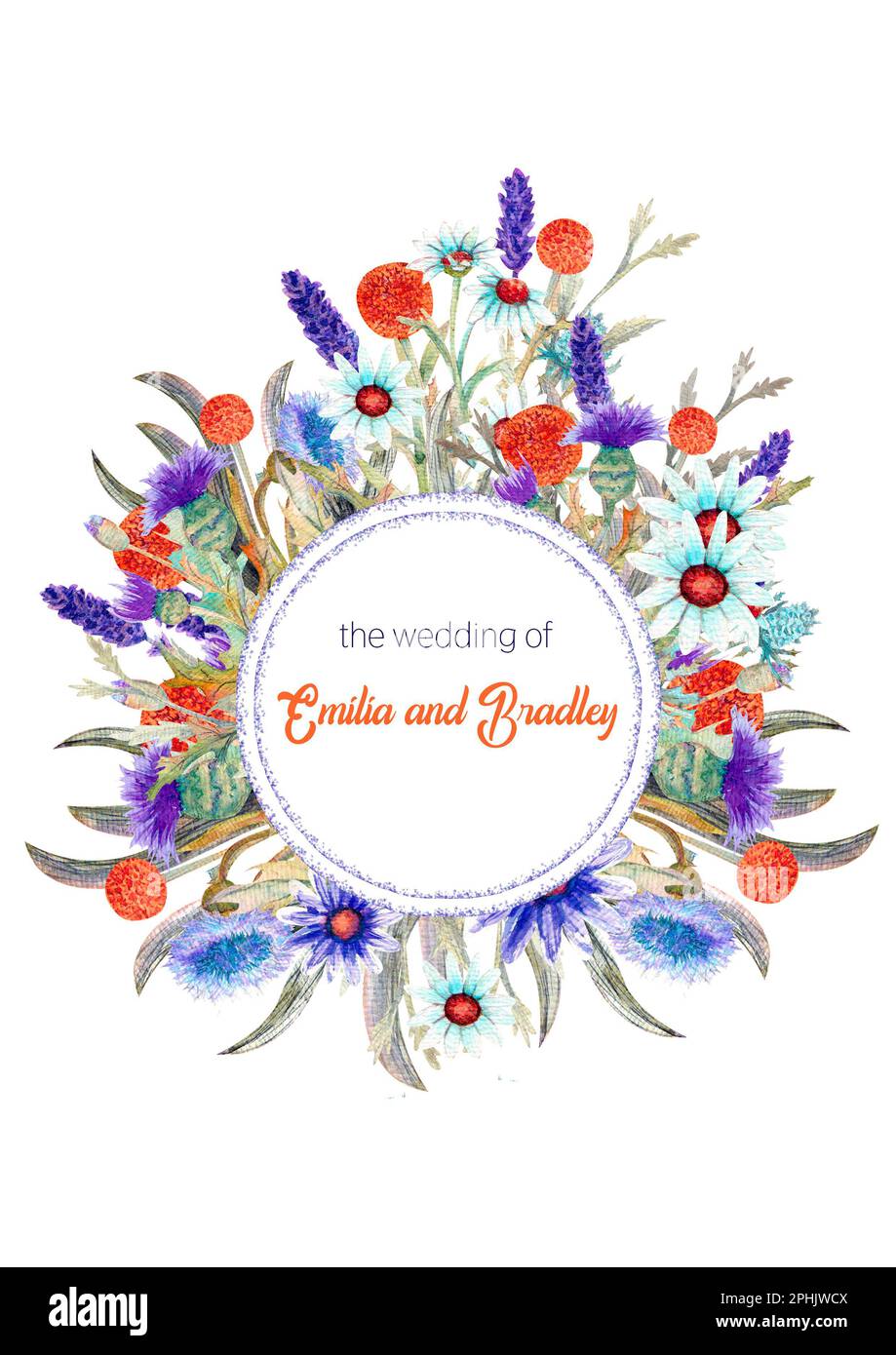 Wedding round frame of wild flowers. Watercolor. Greeting card template ...