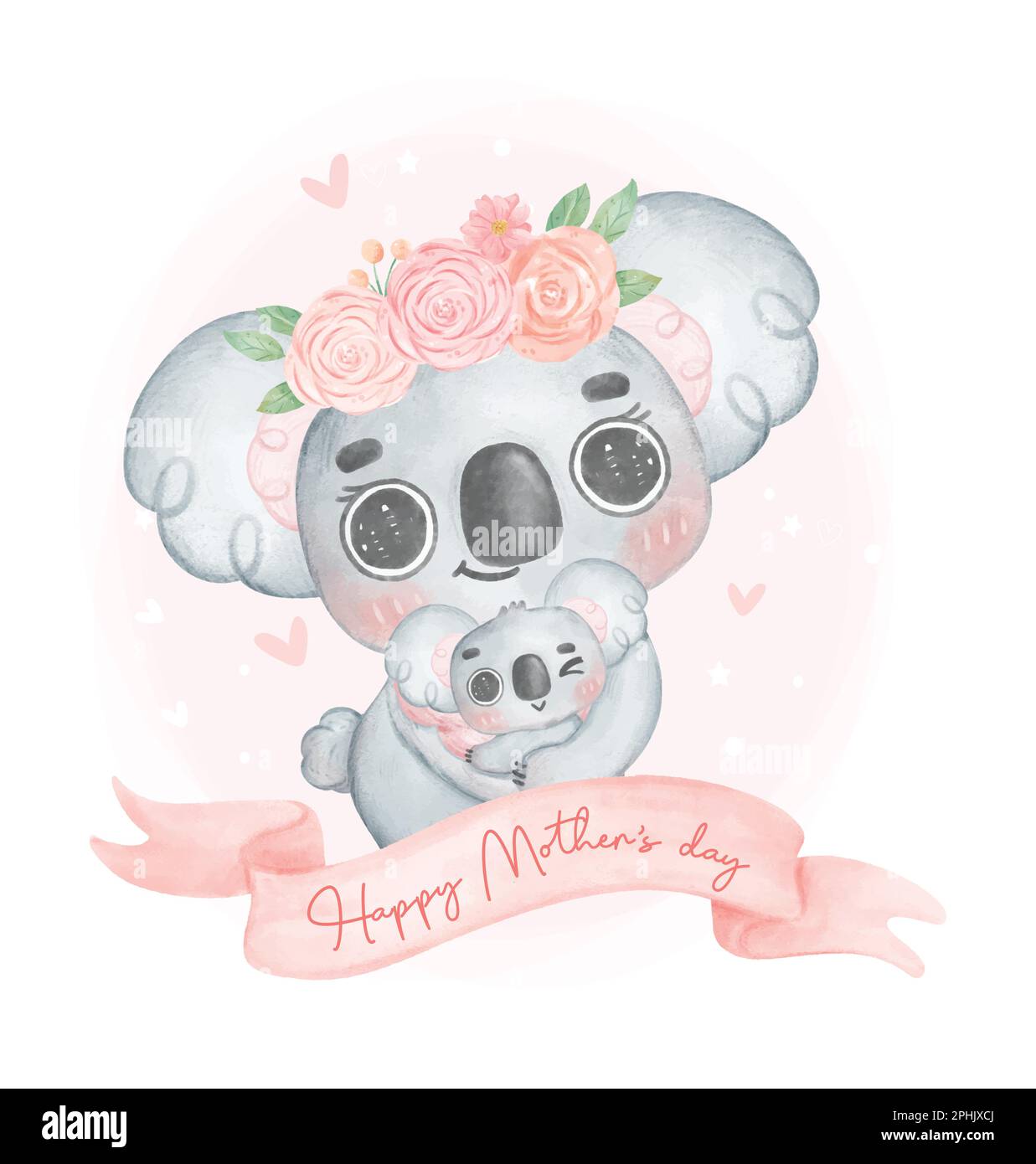 Kawaii innocence Australia Koala mother and baby hugging in pink banner ...