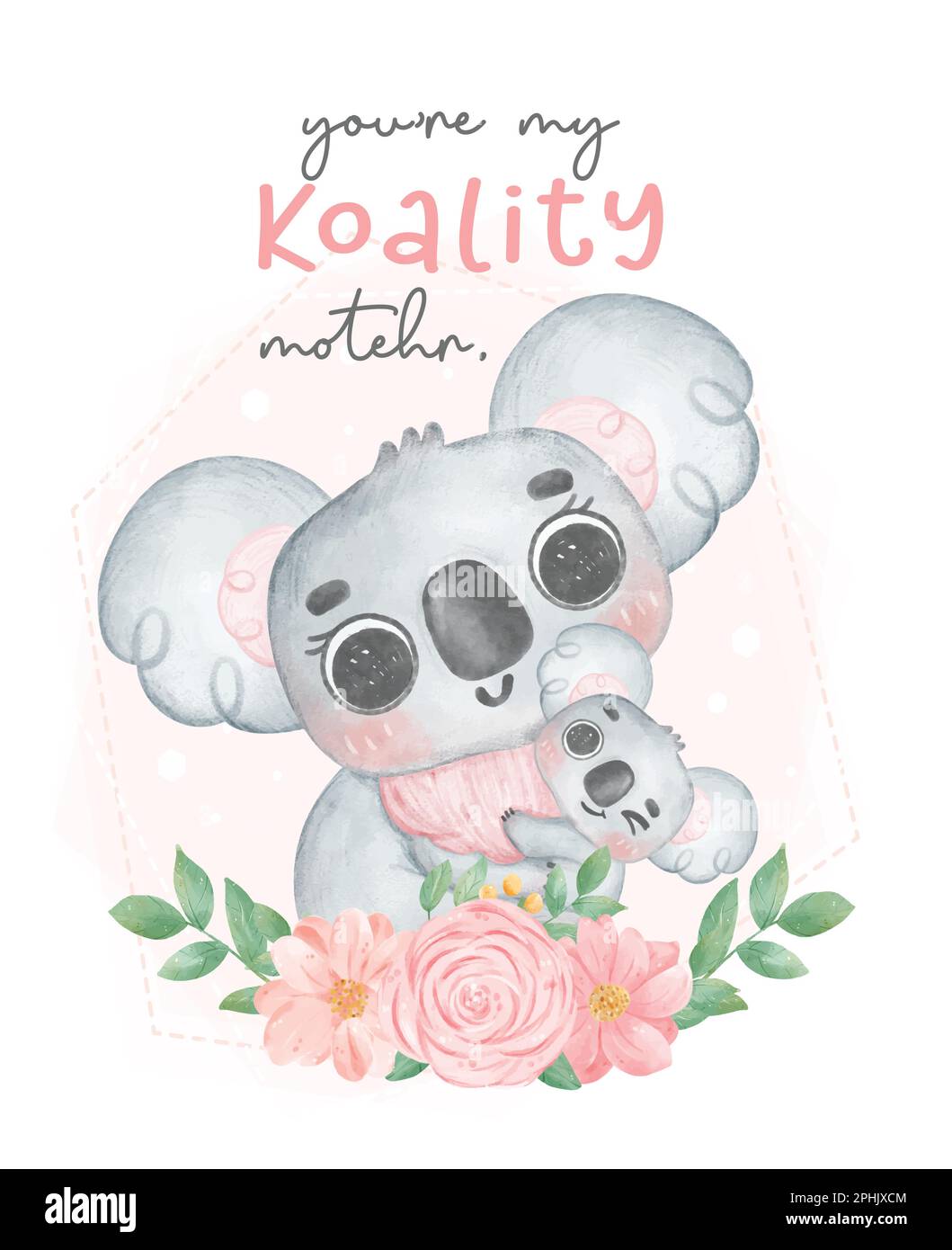 Cute innocence Australia Koala mother and baby hugging with flower ...