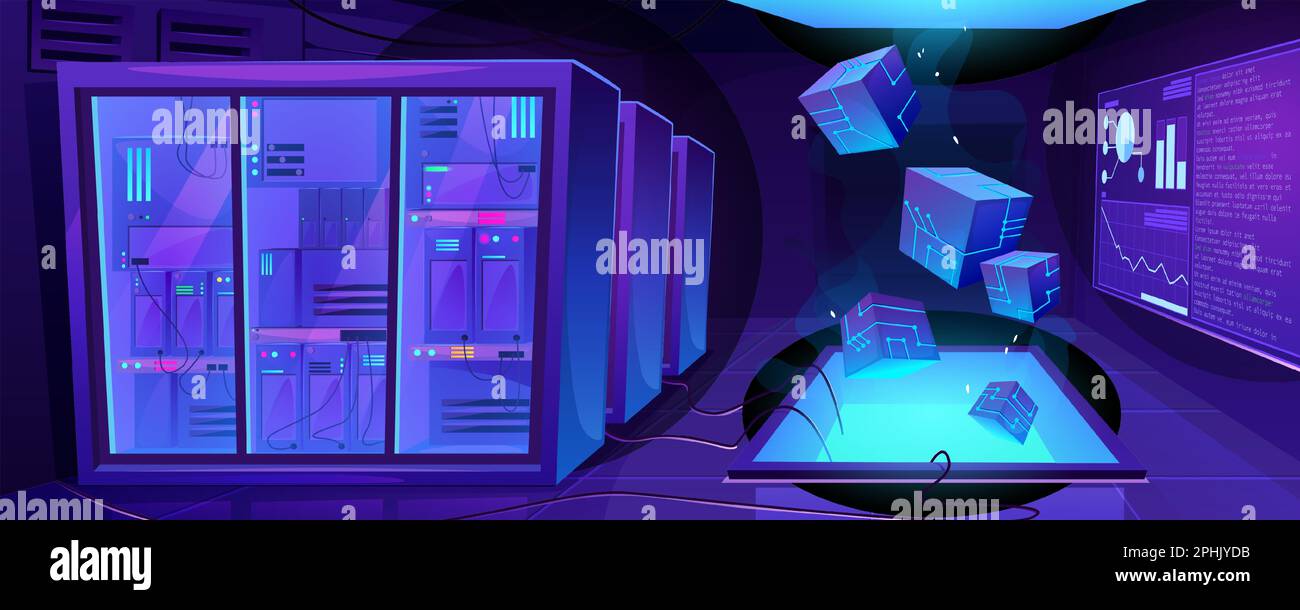 Data center room interior with server equipment. Vector cartoon ...