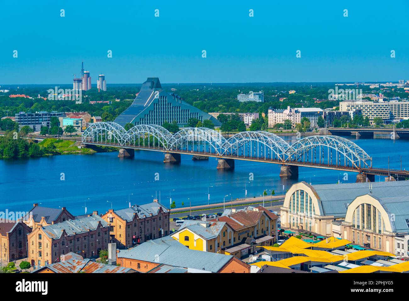 Aerial view of the Latvian national library situated next to a railway ...
