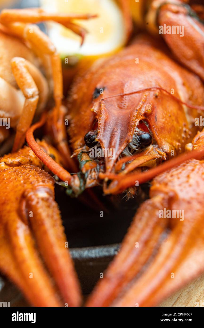 River boiled crayfish. Red cooked crayfish. Plate with crayfish Stock ...
