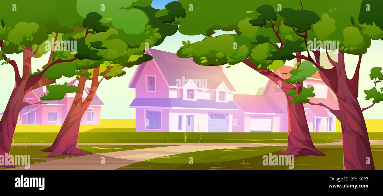 Village houses in countryside with trees in garden and road. Rural ...