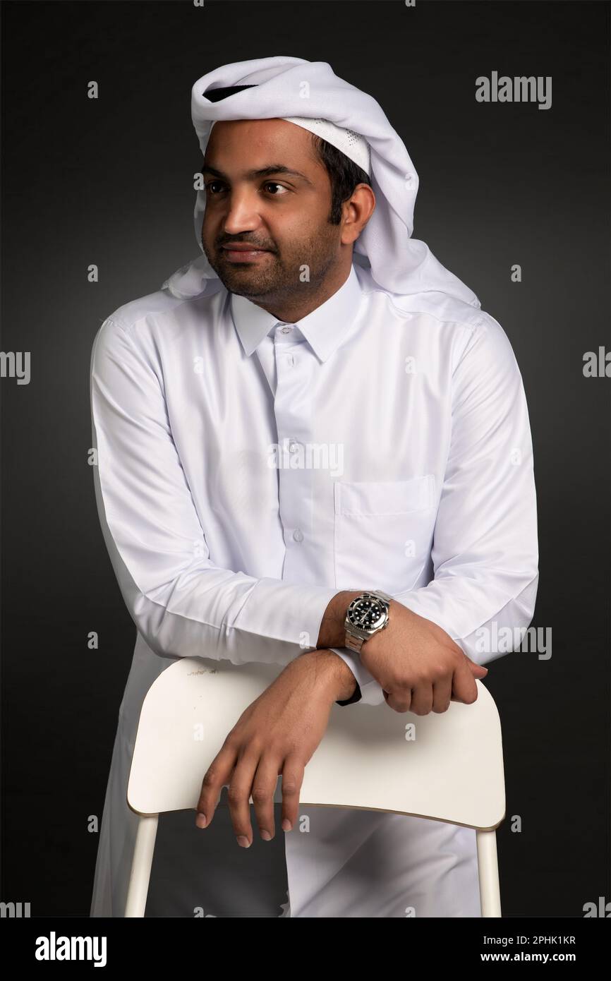 Doha, Qatar - January 12, 2023: Portrait of Qatari men in traditional ...