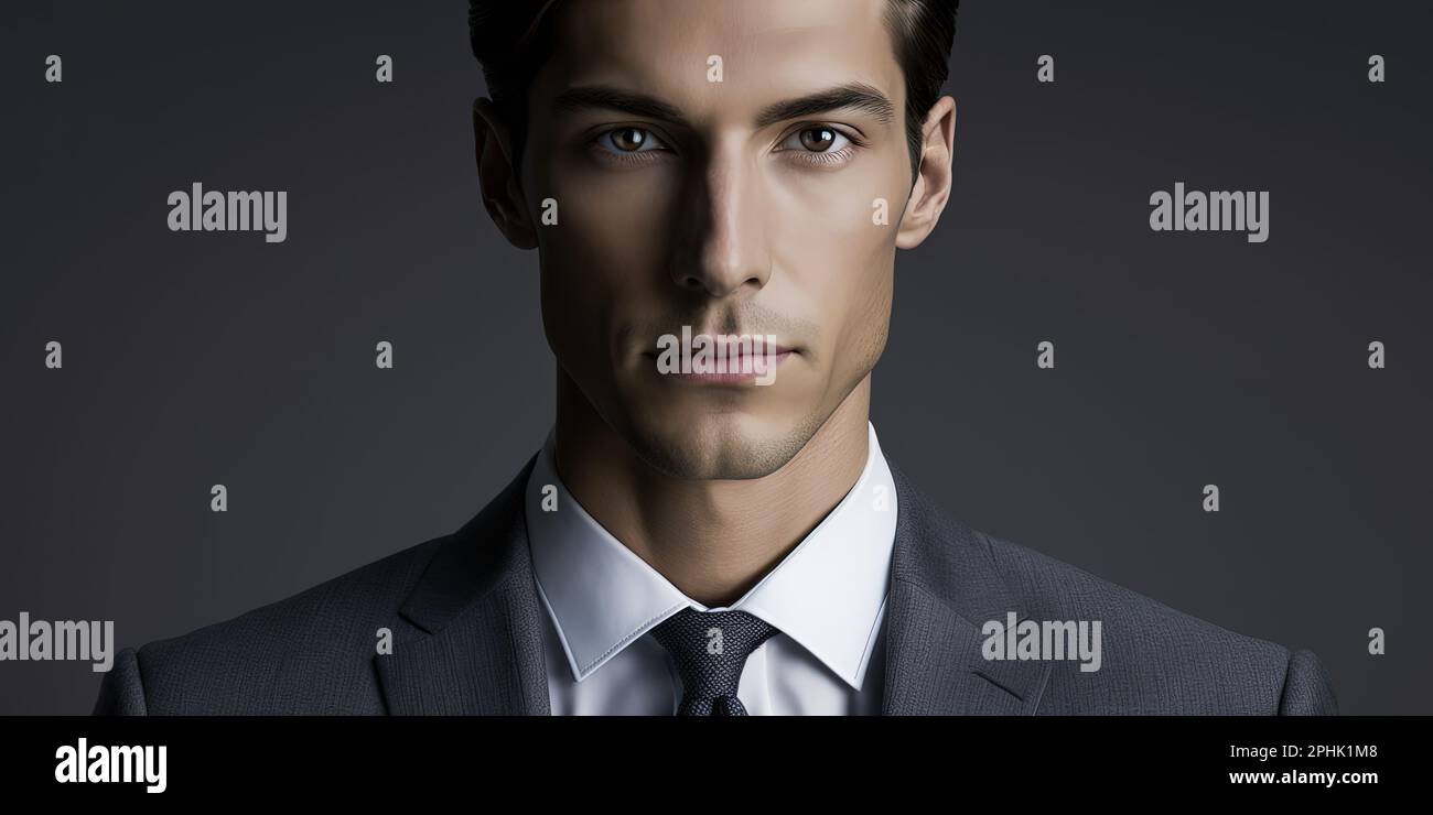A male model is standing and posing wearing a plain black shirt and ...