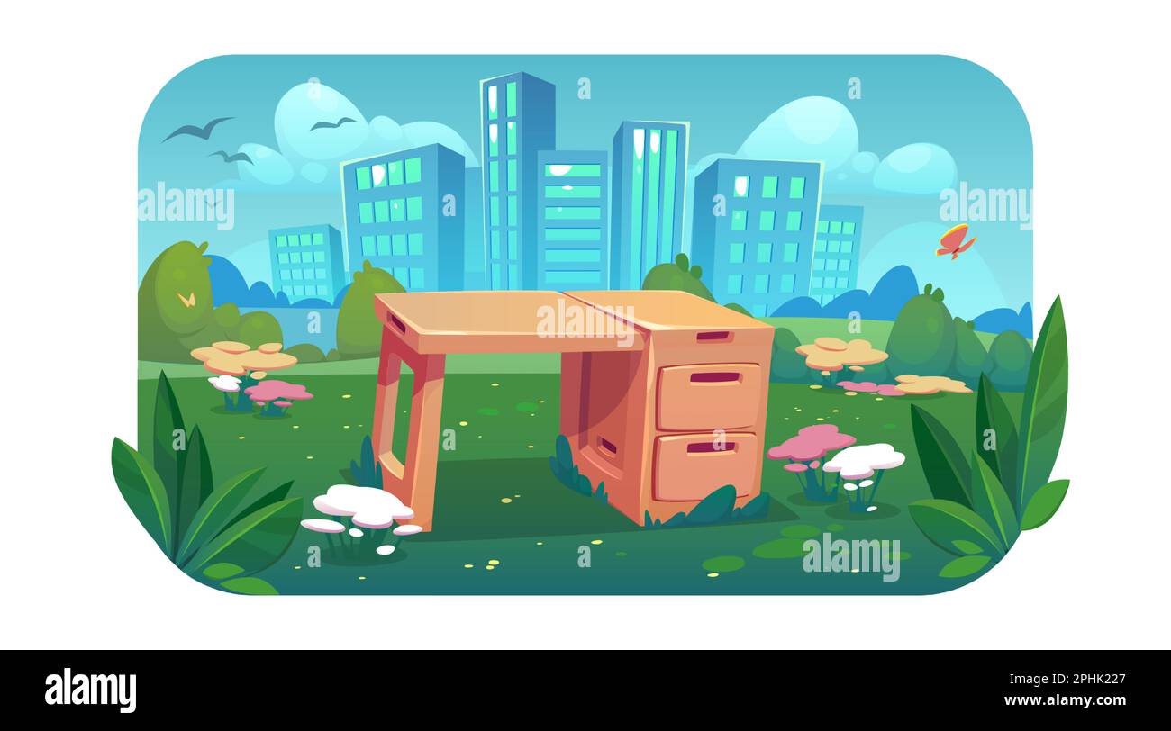 Office desk in city park vector background scene. Cartoon landscape ...