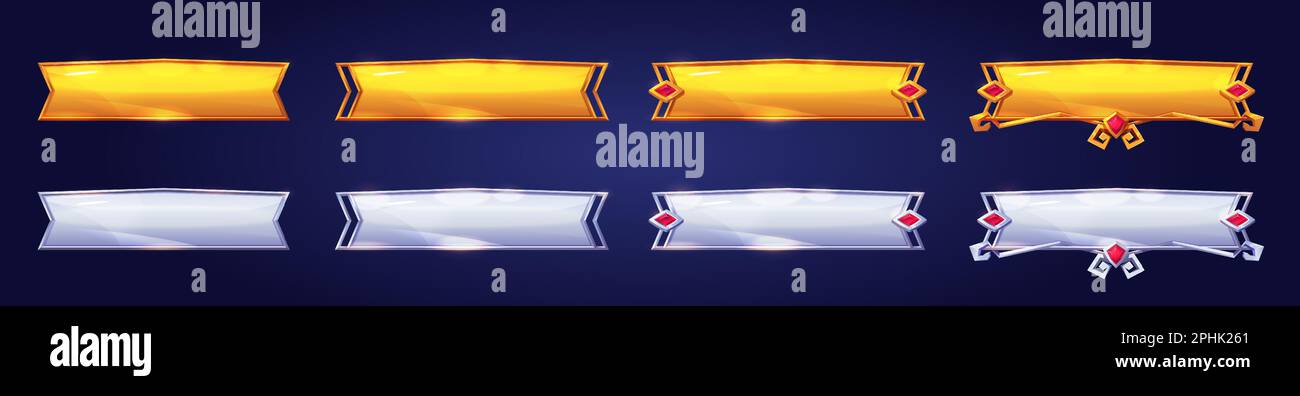 Buttons golden fantasy frame for game UI design. Silver banners or title bars with decorative ...