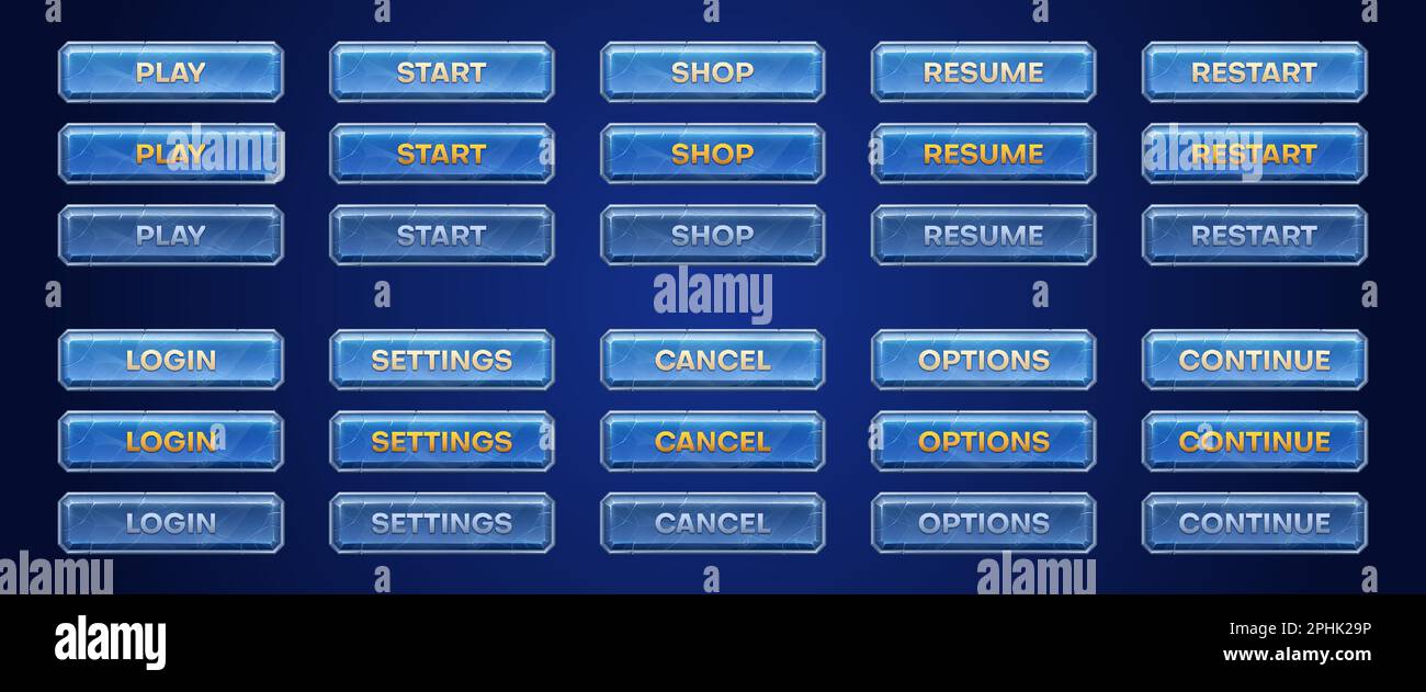 Vector game medieval button sprite set for animation. Play, start, continue and cancel click ...