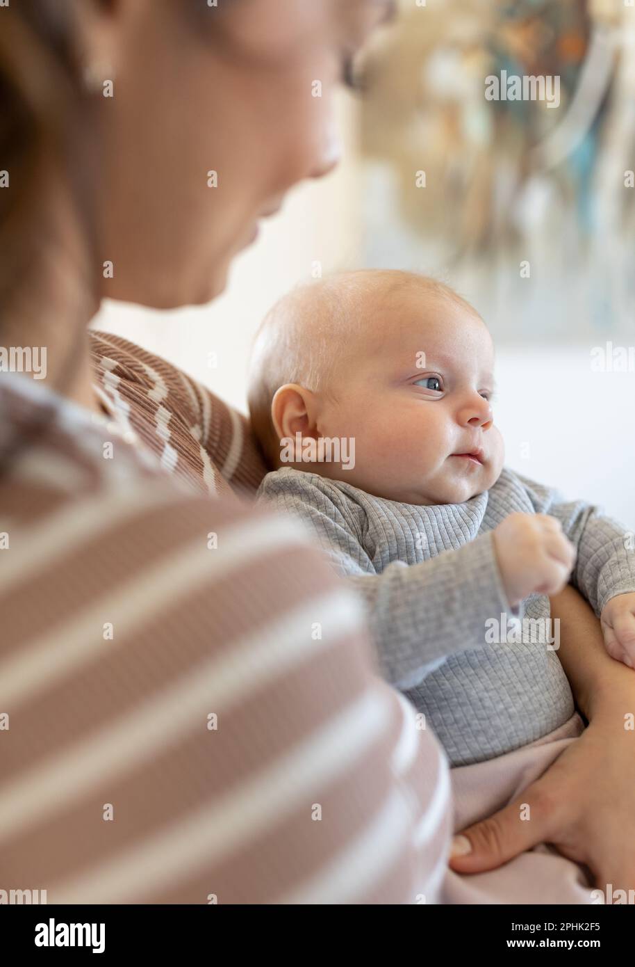 Smiling pretty mum holding infant in her arms and enjoying tender quiet ...