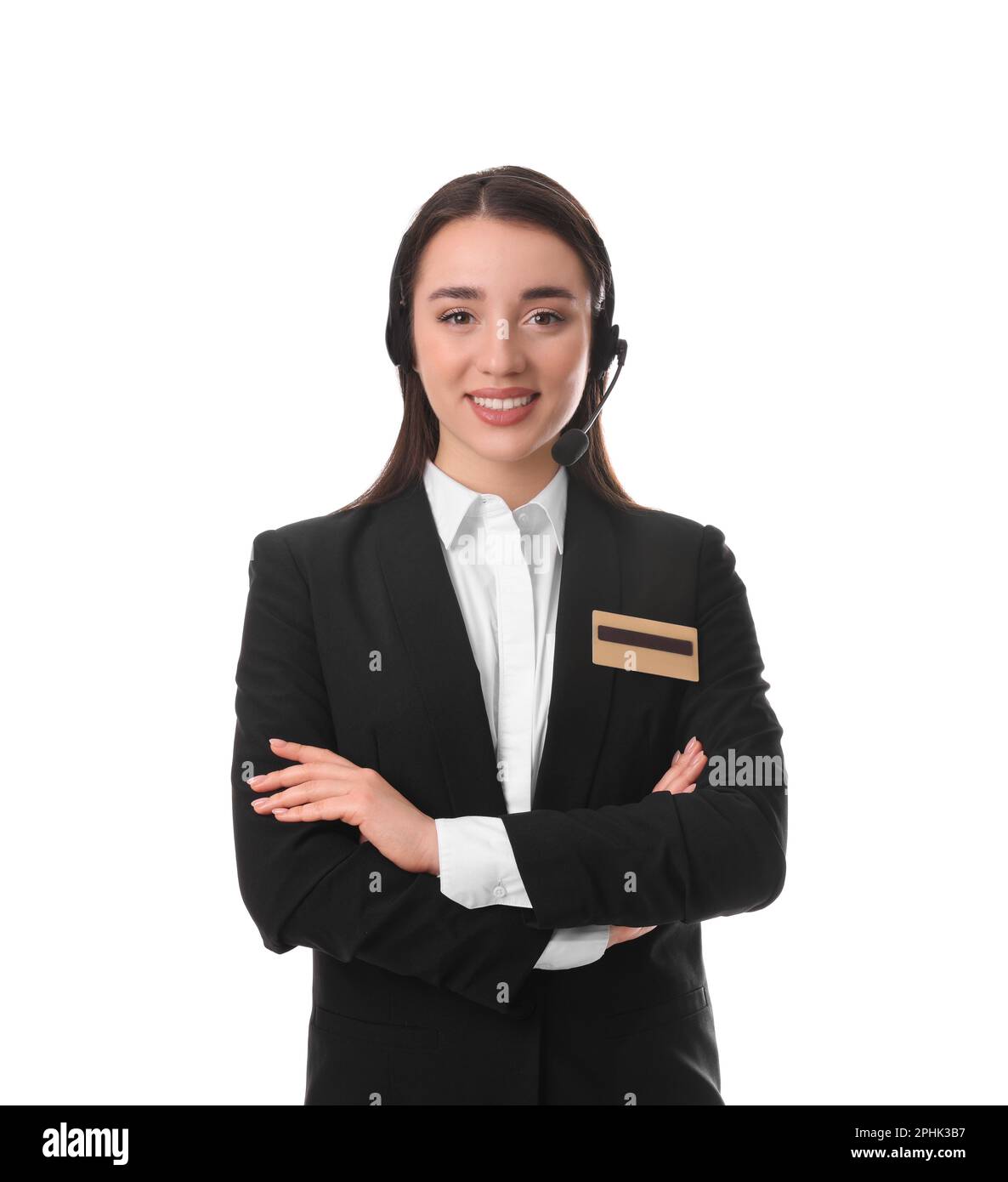 Portrait of receptionist with headset on white background Stock Photo ...