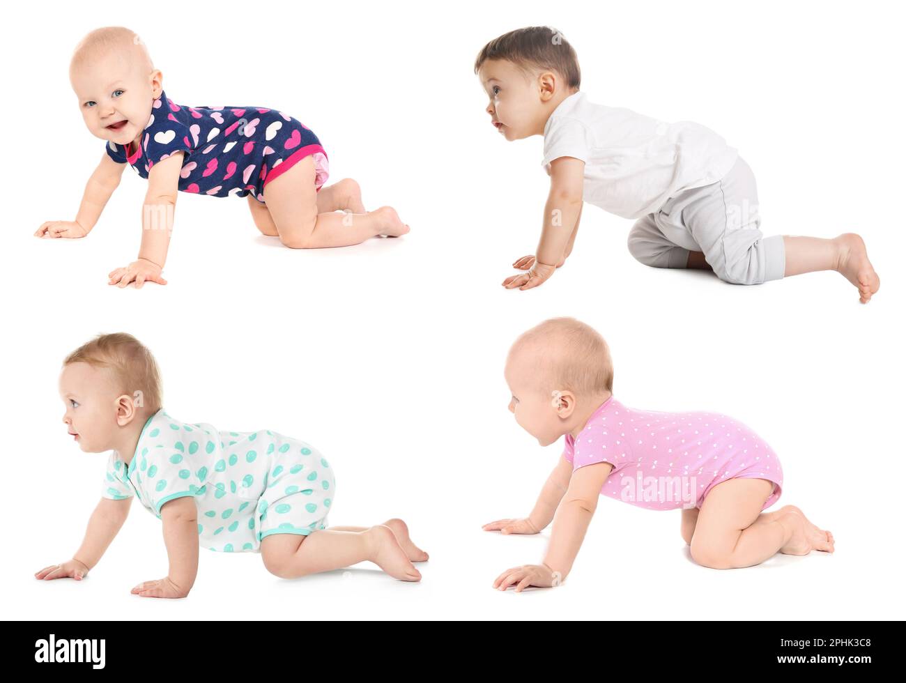 Collage with photos cute little babies crawling on white background ...