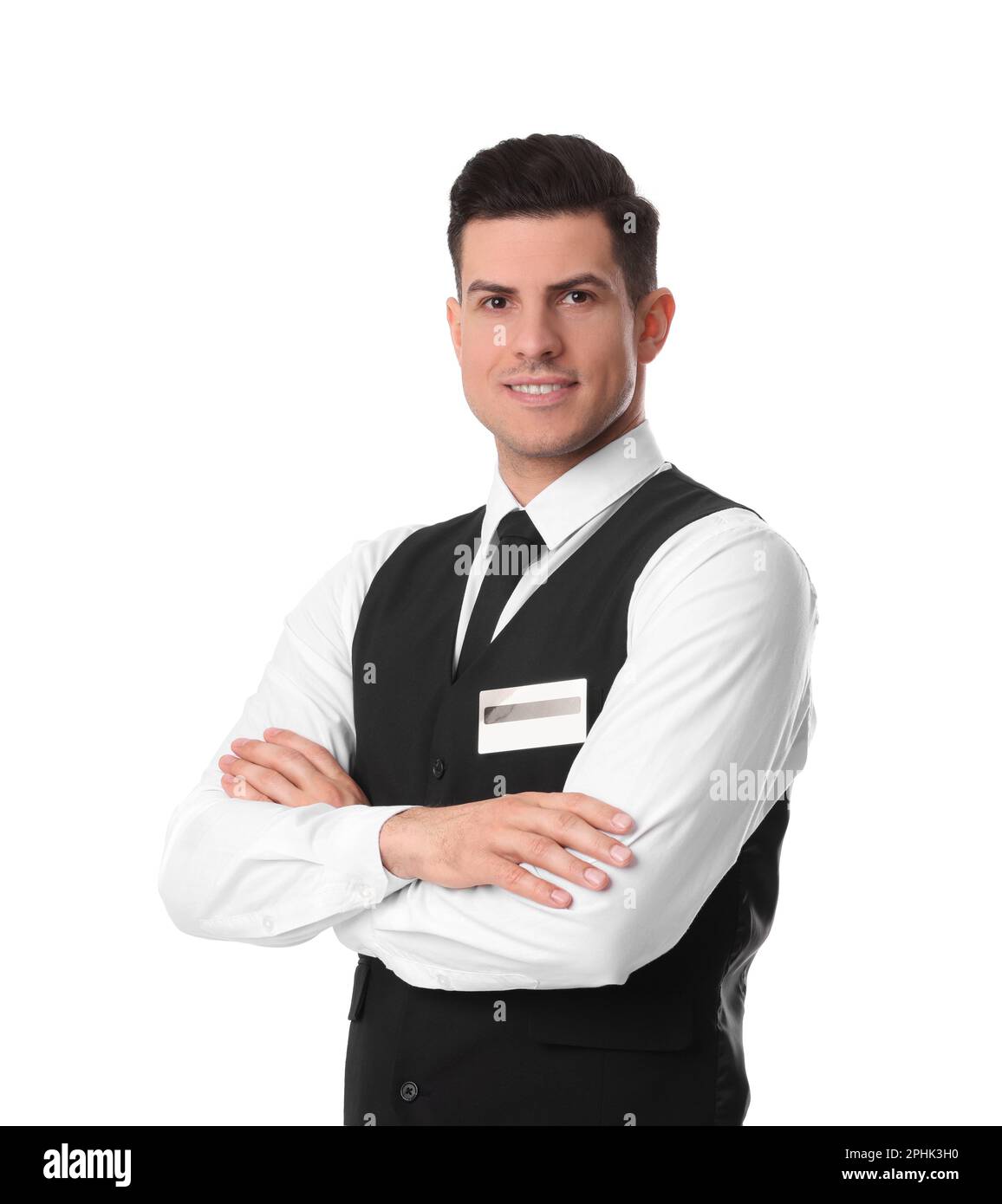 Portrait of happy receptionist in uniform on white background Stock ...