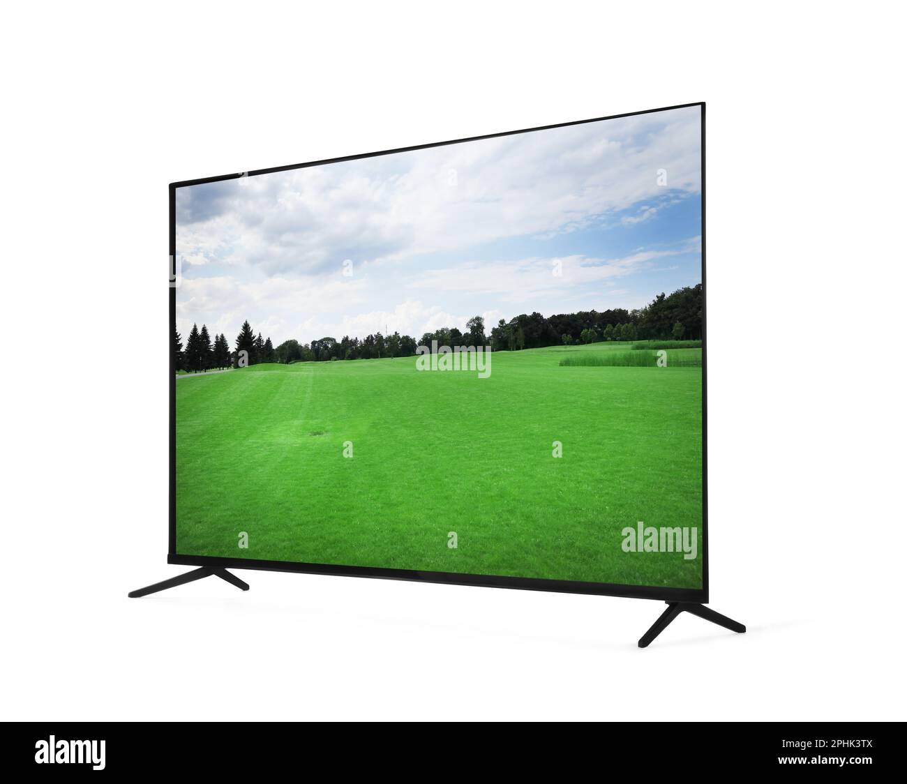 Modern wide screen TV monitor showing beautiful golf course with green ...