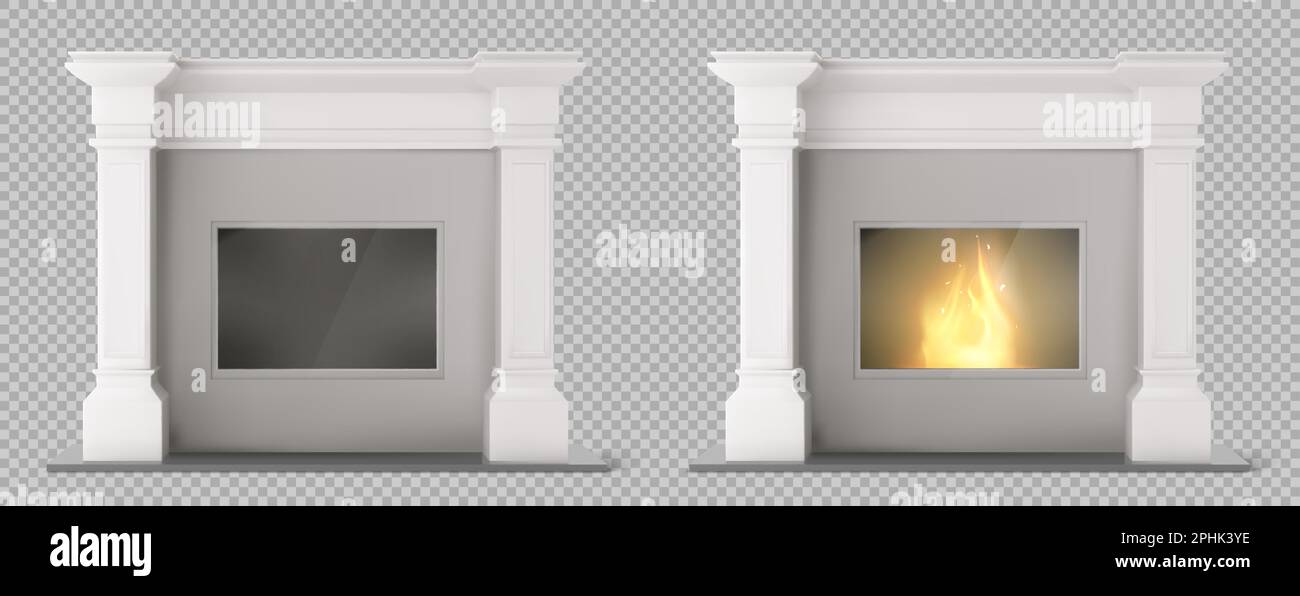 Isolated realistic white electric fireplace vector set. 3d fire place ...
