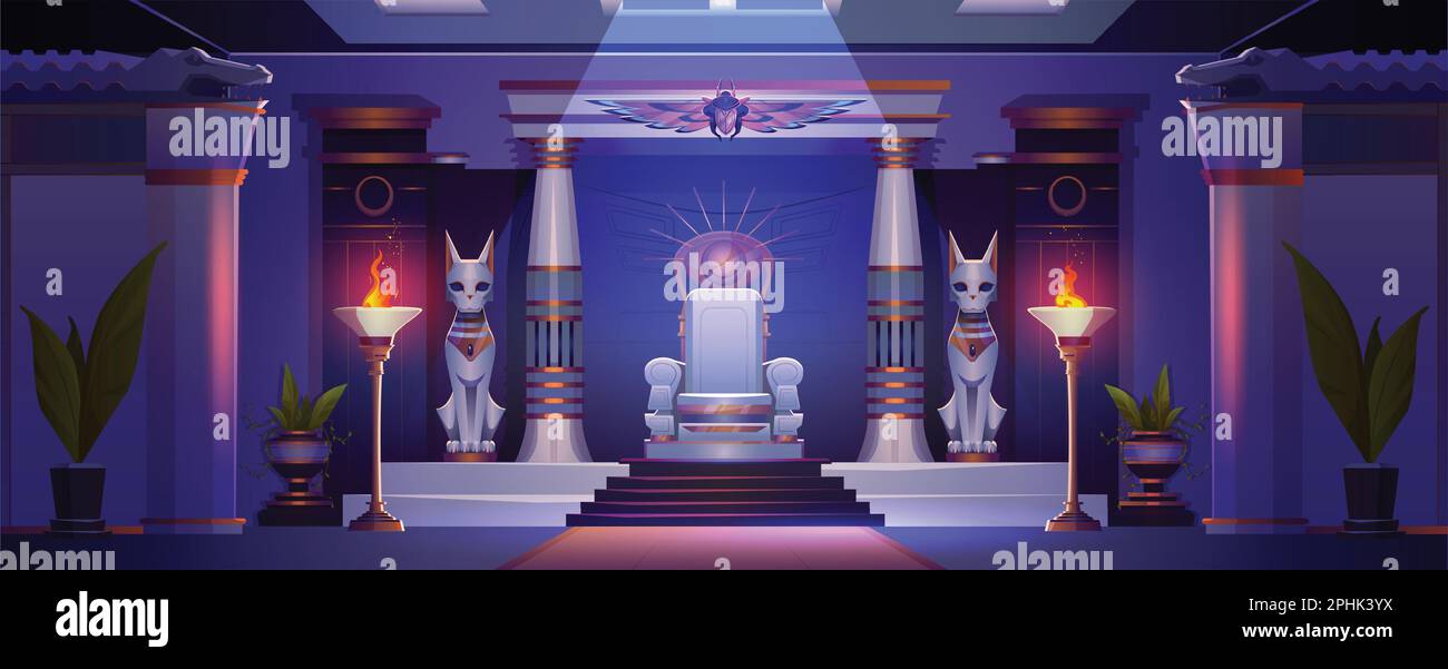 Ancient throne in egyptian palace at night. Dark old egypt temple ...