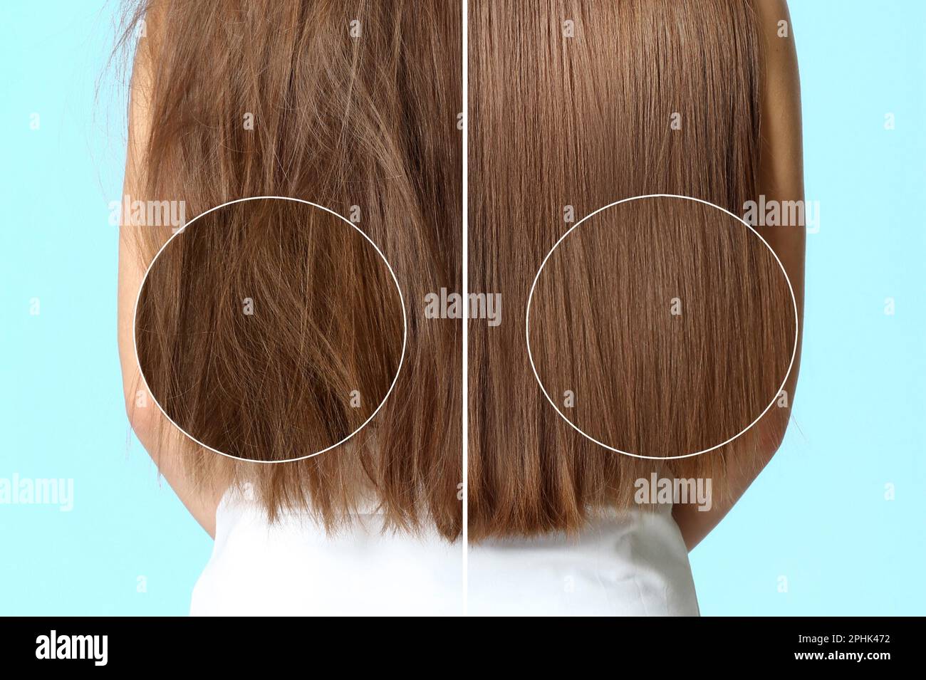 Woman before and after washing hair with moisturizing shampoo on ...