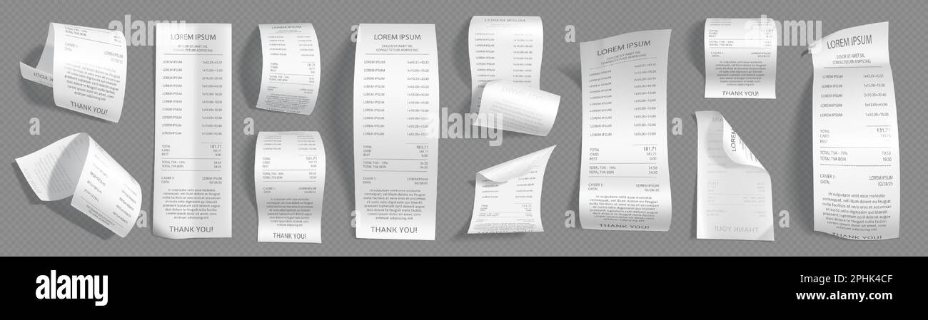 Paper receipts, cash checks of payments in shop or supermarket. Invoice bills of purchases ...