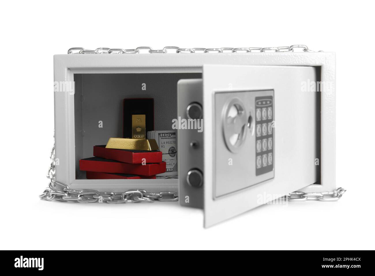 Open steel safe with money and gold bars isolated on white Stock Photo ...