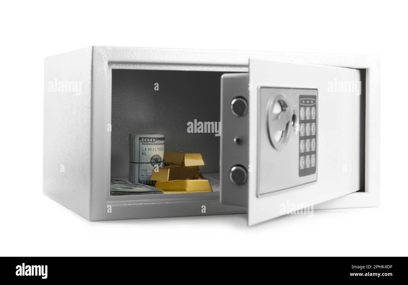 Open steel safe with money and gold bars isolated on white Stock Photo ...