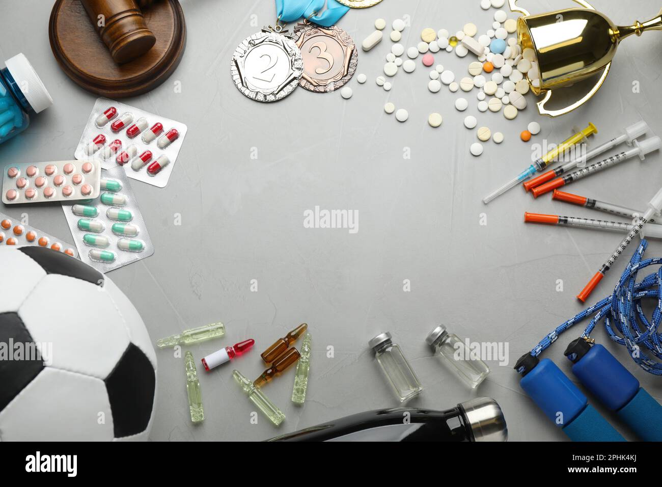 Frame of drugs on light grey background, flat lay with space for text ...