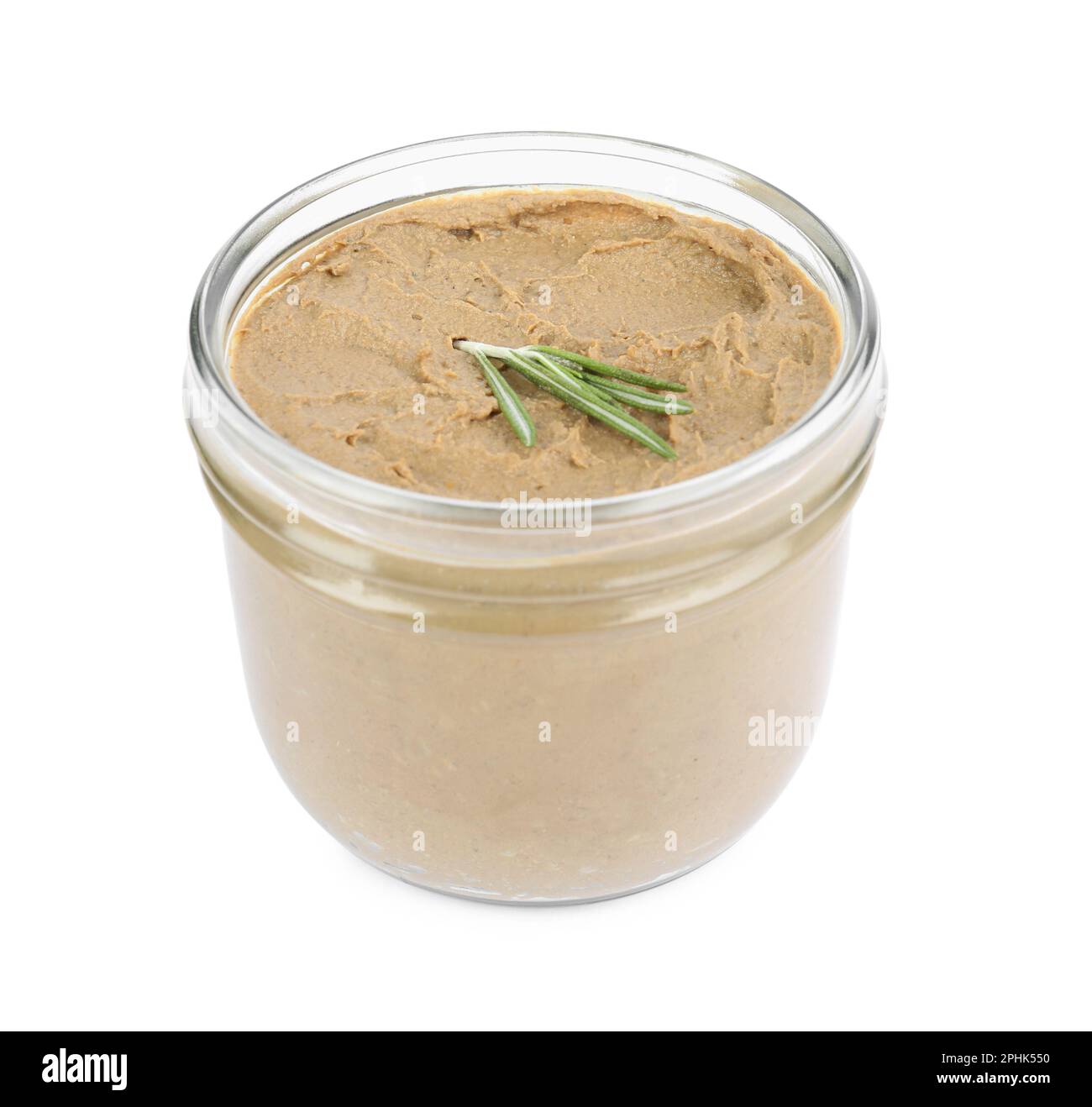 Glass jar with tasty liver pate and rosemary on white background Stock ...