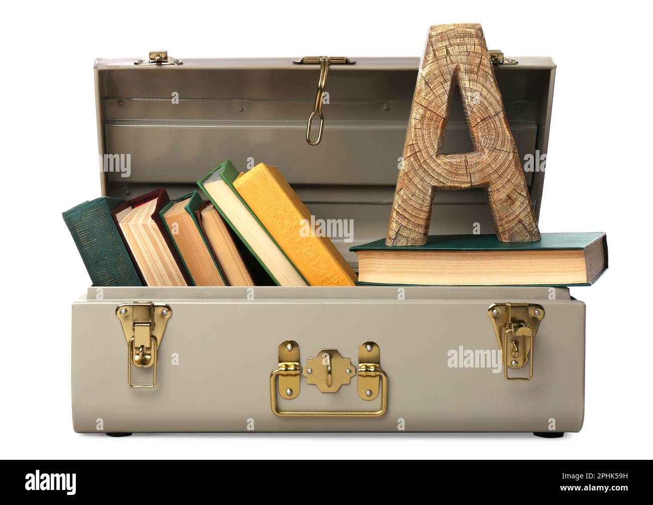 Stylish storage trunk with books and wooden letter A isolated on white ...