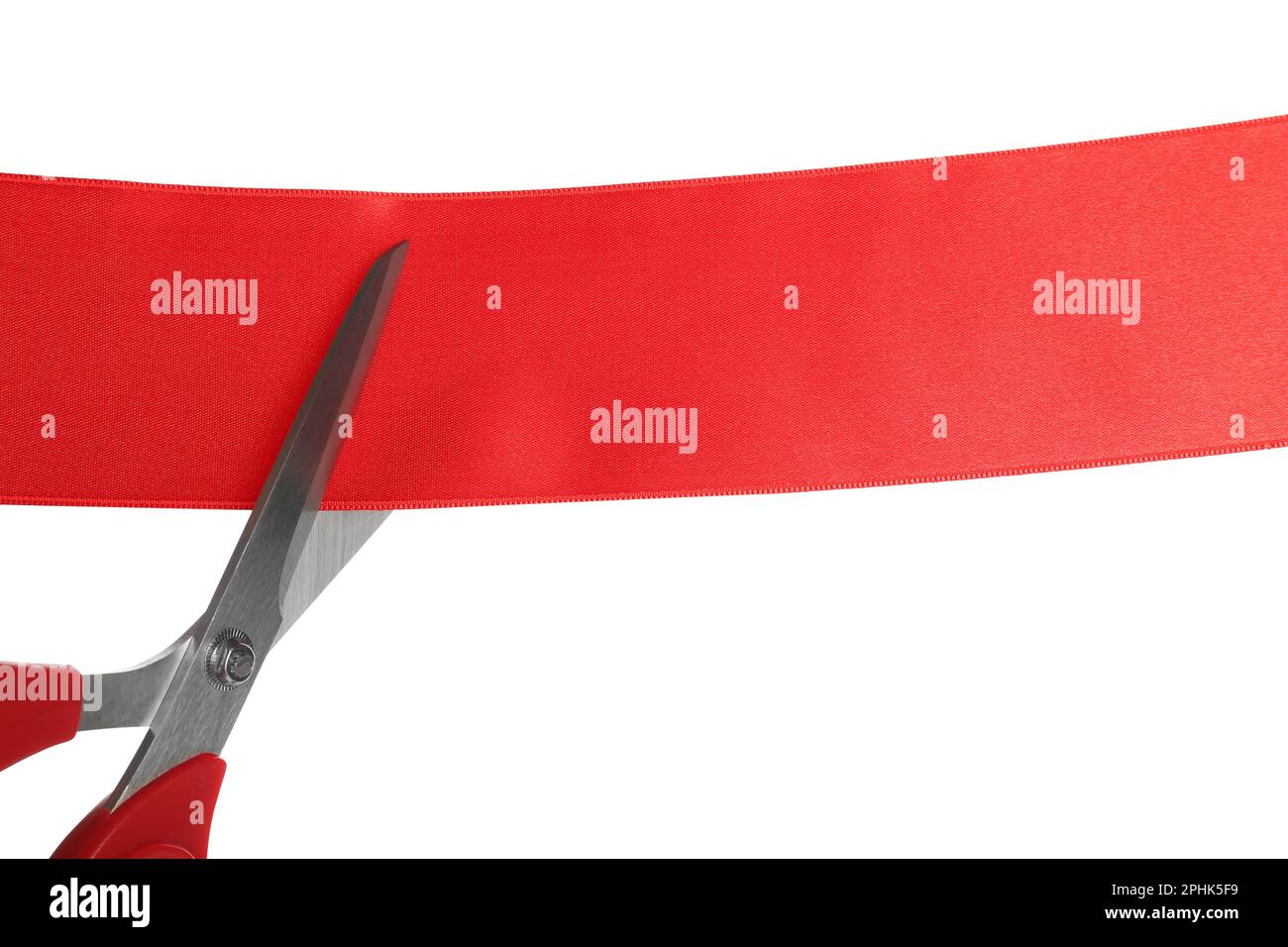 Cutting red ribbon with scissors on white background Stock Photo - Alamy