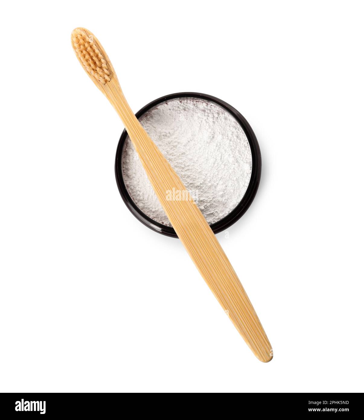 Jar of tooth powder and brush on white background, top view Stock Photo ...