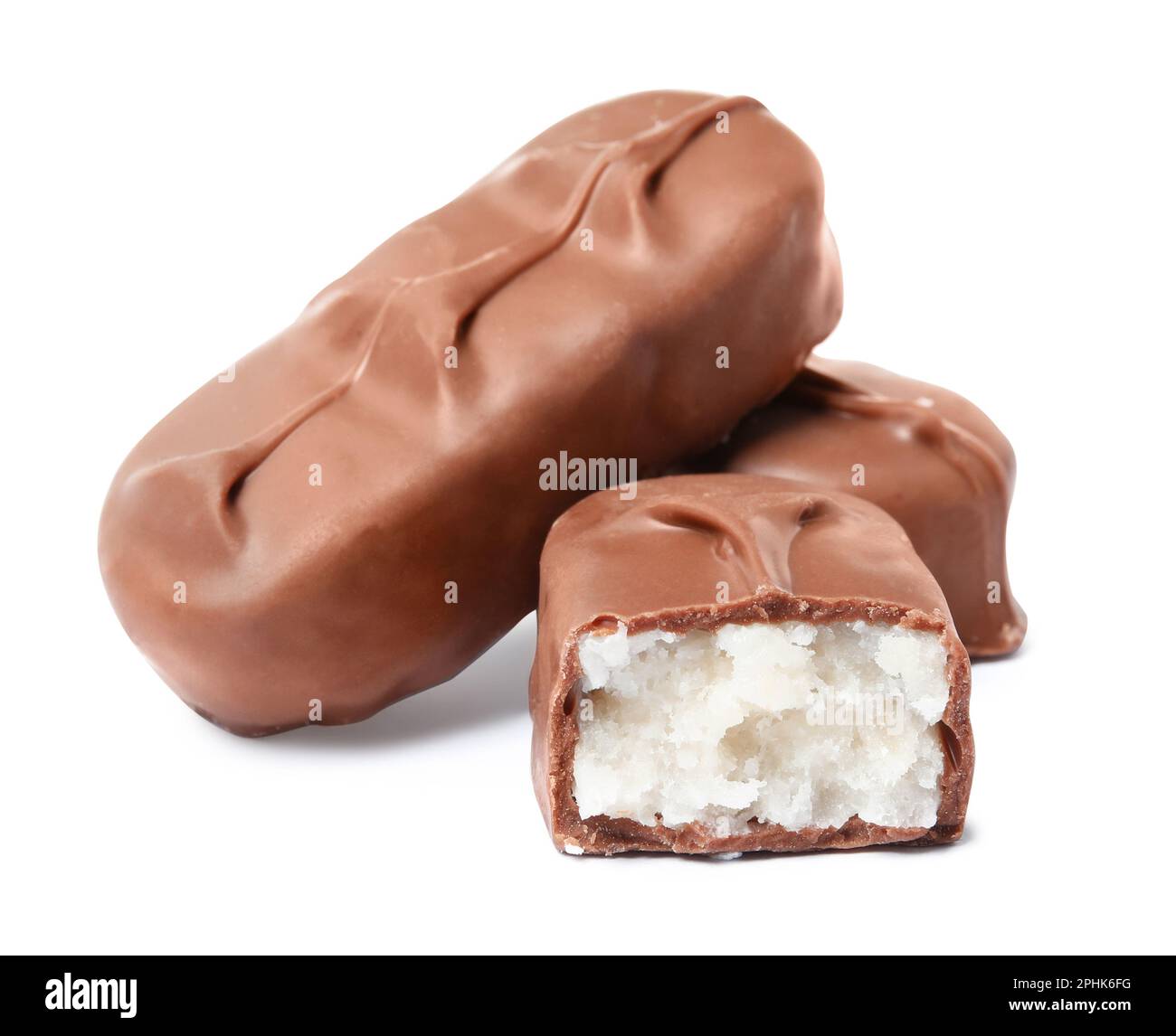 Delicious milk chocolate candy bars with coconut filling on white ...