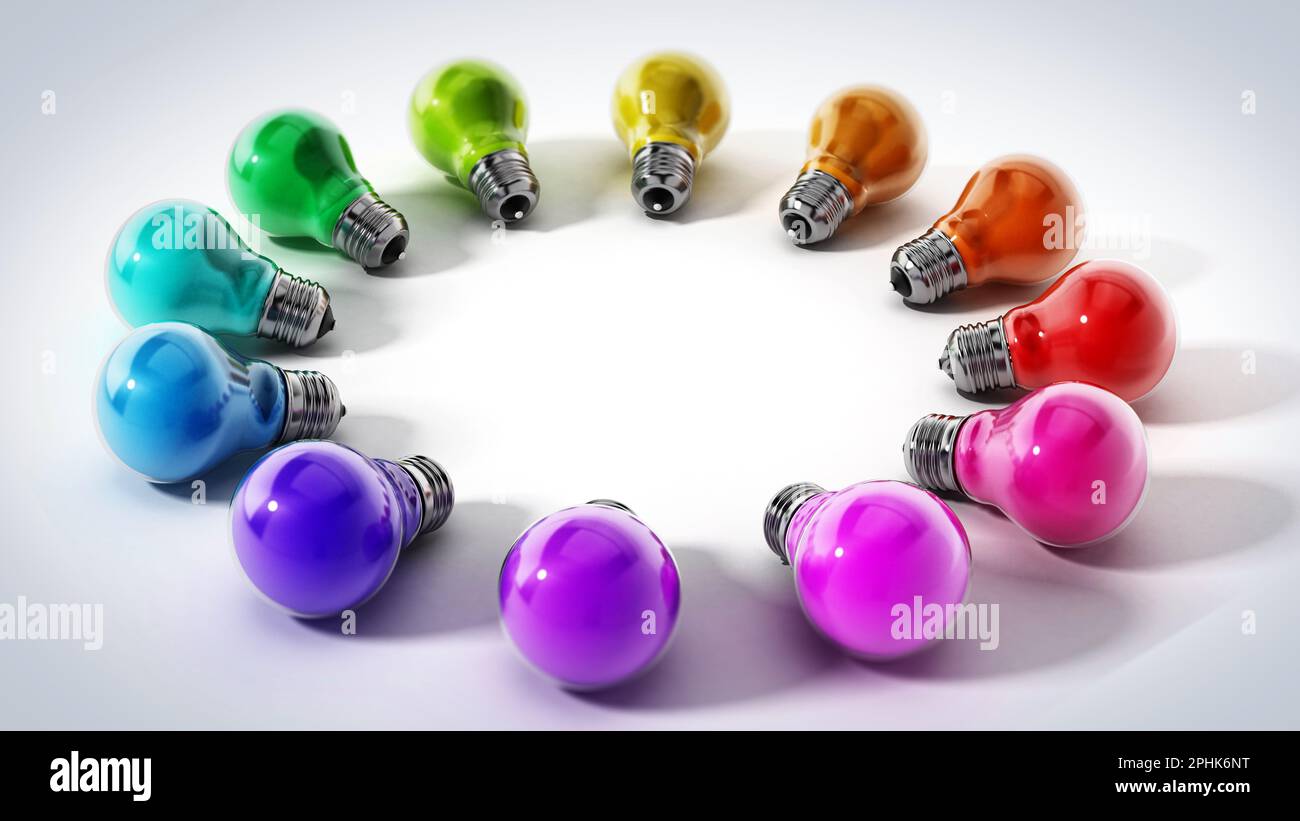 Multi colored lightbulbs in circle formation. 3D illustration Stock ...