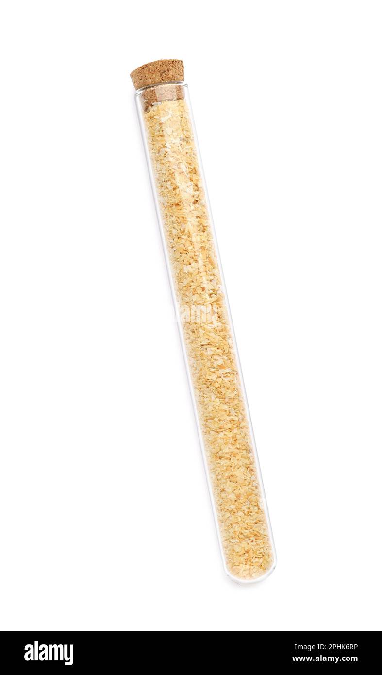 Glass tube with garlic powder on white background, top view Stock Photo ...