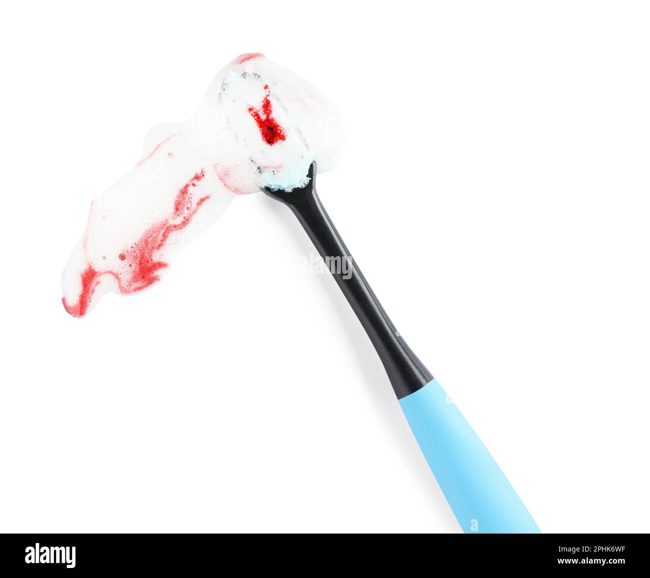 Brush and toothpaste foam with blood on white background, top view. Gum ...